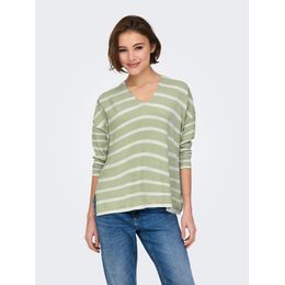 Strickpullover Only "ONLAMALIO LIFE LS V-NECK KNT", Damen, Gr. L, desert sage stripes:mel, cloud dancer, Strick, Obermaterial: 100% Polyester, gestreift, oversize, V-Ausschnitt, Pullover Strickpullover