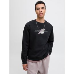 Jack & Jones Sweatshirt JACK & JONES "JCOTIER PRINT SWEAT CREW NECK", Herren, Gr. M, schwarz, angeraute Sweatware, Obermaterial: 70% Baumwolle, 30% Polyester, bedruckt, relaxed fit normal, Rundhals, Rippbündchen, Sweatshirts