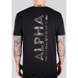 Rundhalsshirt Alpha Industries "Back Tee Camo Print", Herren, Gr. M, schwarz (schwarz, woodland), Single Jersey, Obermaterial: 100% Baumwolle, bedruckt, normal normal, Rundhals, gerader Abschluss, Shirts