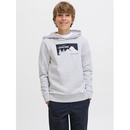 Jack & Jones Kapuzensweatshirt JACK & JONES JUNIOR "JJSUN SWEAT HOOD JNR", Jungen, Gr. 128, weiß (weiß melange), angeraute Sweatware, Obermaterial: 60% Baumwolle, 40% Polyester, bedruckt, regular fit normal, Rippbündchen, Sweatshirts