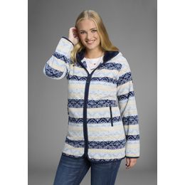 Fleecejacke Polarino, Damen, Gr. 44, blau, woll wei&szlig;, Fleece, Obermaterial: 100% Polyester. Kapuzenfutter: 100% Polyester, bedruckt, ethno, gemustert, kontrastfarbene Details, mehrfarbig, bequem Po-bedeckend, mit Paspel eingefasste Kante, Jacken Fleecejacke, Fleecejacke mit Print und Fellimitat in Kapuze