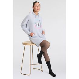 Zwillingsherz Sweatkleid &raquo;"Love Yourself More"&laquo; K&auml;ngurutasche mit Kapuze, Taschen, Front und Backmotiv und Pailletten light grey L/XL - N-Gr N-Gr...