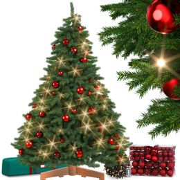 Casaria Künstlicher Weihnachtsbaum Premium 180cm + Kugeln Rot + Lichterkette warmweiß