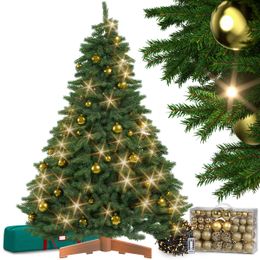 Casaria Künstlicher Weihnachtsbaum Premium 180cm + Kugeln Gold + Lichterkette warmweiß