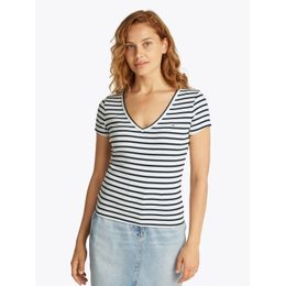 Kurzarmshirt Tommy Jeans "TJW SLIM ESSENTIAL RIB V SS", Damen, Gr. L (40), blau (ecru, navy), Single Jersey, Obermaterial: 95% Baumwolle, 5% Elasthan, gestreift, slim fit kurz, tiefer V-Ausschnitt, abgesteppt, Shirts, mit gerippter Struktur