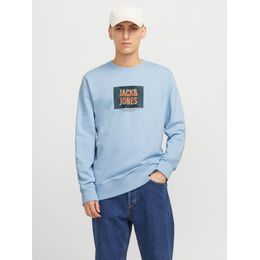 Jack & Jones Sweatshirt JACK & JONES "JJHUDSON – Sweatshirt mit Print, Rundhals und Kapuze", Herren, Gr. M, blau (chambray blau), angeraute Sweatware, Obermaterial: 100% Baumwolle, bedruckt, regular fit, Rundhals, Rippbündchen, Sweatshirts, Print, modisch, regular fit, angeraute Sweatware, Rundhals