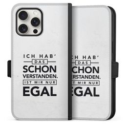 DeinDesign iPhone 15 Pro Max Handy Klapph&uuml;lle Handyh&uuml;lle aus Kunst Leder schwarz Flip Case Spruch Sayings Statement Sideflip mit Lasche