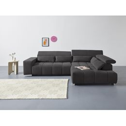 Ecksofa COTTA "Orion L-Form", braun (mud), B:310cm H:70cm T:225cm, 100% Polyester, Sofas, Ecksofa, mit Kopfteilverstellung & 5 Nierenkissen