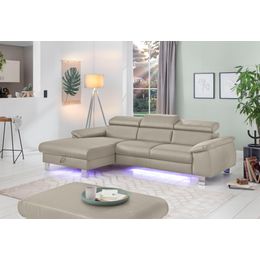 Ecksofa COTTA "Komaris L-Form, B: 244 cm", grau, B:244cm H:72cm T:166cm, Microfaser PRIMABELLE (100% Polyester);Kunstleder SOFTLUX(100%Polyurethan);Feinstruktur (100% Polyester);Kunstleder SOFTLUX/Struktur (100%Polyurethan, 90%Polyester, 10% Polyacryl), Sofas, Ecksofa, mit Kopfteilverstellung, optional Bettfunktion, Bettkasten & Licht, Topseller