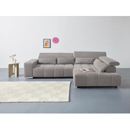 Ecksofa COTTA "Orion L-Form", grau (stone), B:310cm H:70cm T:225cm, 100% Polyester, Sofas, Ecksofa, mit Kopfteilverstellung & 5 Nierenkissen