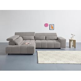 Ecksofa COTTA "Orion L-Form", grau (stone), B:310cm H:70cm T:225cm, 100% Polyester, Sofas, Ecksofa, mit Kopfteilverstellung & 5 Nierenkissen