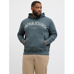 Jack & Jones PlusSize Kapuzensweatshirt "JORALMERIA SWEAT HOOD PLS", Herren, Gr. 6XL, grau (stormy weather), angeraute Sweatware, Obermaterial: 100% Baumwolle, JACK & JONES PLUSSIZE, bedruckt, loose fit taillenbedeckt, ohne Ausschnitt, Rippbündchen, Sweatshirts, mit Logo Print