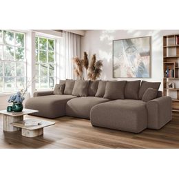 Wohnlandschaft Home Affaire "LAKESIDE mit Bettfunktion und Bettkasten, Ma&szlig;e B/T/H: 332,5/142/84 cm", braun, B:332,5cm H:84cm T:142cm, 100% Polyester, Sofas, Wohnlandschaft, U‑Form mit vielen Kissen und Wellenunterfederung, Topseller