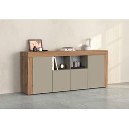 Sideboard Inosign "CHRONOS Breite 200 cm mit 4 Türen, 2 offene und 8 geschlossene Fächer", taube matt, eiche wotan, B:200cm H:85cm T:40cm, FSC-zertifizierter Holzwerkstoff, Sideboards, Sideboard,Kommode, Schrank, Grifflos mit Push to Open, Made in Italy