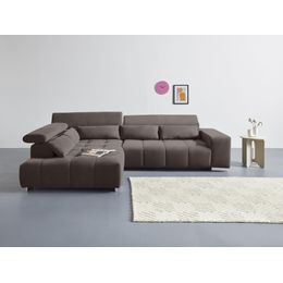 Ecksofa COTTA "Orion L-Form", schwarz (charcoal), B:310cm H:70cm T:225cm, 100% Polyester, Sofas, Ecksofa, mit Kopfteilverstellung & 5 Nierenkissen