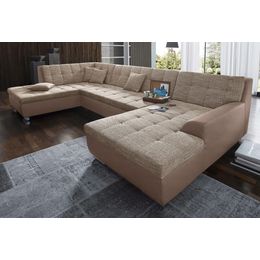 Wohnlandschaft DOMO collection "Treviso incl. Zierkissen, moderne Steppung, XXL: B/T/H: 364/201/83 cm", braun (braun, beigebraun), B:364cm H:83cm T:201cm, Kunstleder Softlux / Struktur (90% Polyester; 10% Polyacryl);Microfaser-Primabelle (100% Polyester) / Struktur (90% Polyester; 10% Polyacryl), Sofas, Wohnlandschaft, wahlweise mit Bettfunktion, in vielen Bezugsarten auch in Cord U-Form
