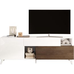 Lowboard Inosign "Monaco in Breite 181 cm, TV-Schrank mit Tür, Klappe und Schubkasten", weiß (weiß hochglanz lack, mercure nb holzstruktur), B:181cm H:67cm T:42cm, Sideboards, Mediaboard – sanftes Schließen, edles Design, Platz für alles