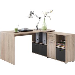 Eckschreibtisch FMD "Lexo", braun (eichefarben), B:136cm H:74cm T:66,5cm, Tische, Schreibtisch/Sideboard viel Stauraum, beidseitig montierb., 136/205 cm