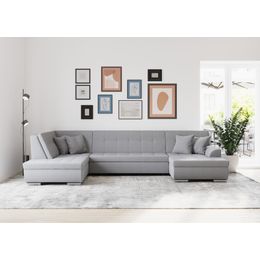 Wohnlandschaft DOMO collection "Treviso incl. Zierkissen, moderne Steppung, XXL: B/T/H: 364/201/83 cm", grau, B:364cm H:83cm T:201cm, 95% Polyester, 5% Nylon, Sofas, Wohnlandschaft, wahlweise mit Bettfunktion, in vielen Bezugsarten auch in Cord U-Form
