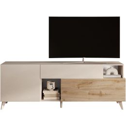 Lowboard Inosign "Monaco in Breite 181 cm, TV-Schrank mit Tür, Klappe und Schubkasten", weiß (cashmere, eiche cadiz nb), B:181cm H:67cm T:42cm, Sideboards, Mediaboard – sanftes Schließen, edles Design, Platz für alles