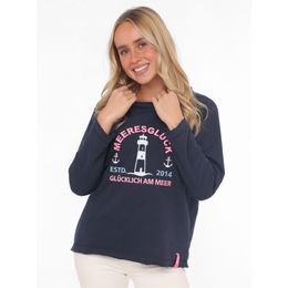Sweatshirt Zwillingsherz ""Glücklich am Meer"", Damen, Gr. L/XL (L/XL), blau (marine), Sweatware, Obermaterial: 50% Baumwolle, 50% Polyester, unifarben mit Farbeinsatz, comfort fit hüftlang, Rundhals, Sweatshirts, mit Used-Look Kanten, Leuchtturm gestickt