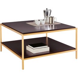 Couchtisch LEONIQUE "Cherlen, TOPSELLER, OTTOs Choice", braun (walnuss), B:90cm H:47,5cm T:90cm, Tische, mit zwei Ablageflächen und goldfarbenem Gestell, quadratisch