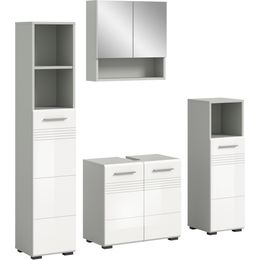 Badmöbel-Set Welltime "Calicio, bestehend aus: Hochschrank, Waschbeckenunterschrank", grau (hellgrau, weiß hochglanz), B:150cm H:190cm T:32cm, Holzwerkstoff, MDF, Kastenmöbel-Sets, Spiegelschrank, Unterschrank, hochwertige MDF Front mit Rillenfräsung