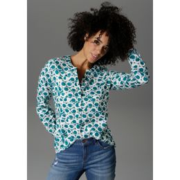 Schlupfbluse Aniston CASUAL, Damen, Gr. 48, gr&uuml;n (gr&uuml;n, wei&szlig;), Web, Obermaterial: 100% Viskose, bedruckt, figurumspielend Po-bedeckend, Rundhals, &Auml;rmel mit &Auml;rmelschlitz 1-Knopf-Manschette krempelbar, Blusen Schlupfbluse, mit krempelbaren &Auml;rmeln