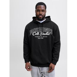 Jack & Jones PlusSize Kapuzensweatshirt "JJMAKOTO SWEAT HOOD PLS", Herren, Gr. 5XL, schwarz (schwarz print:big print), angeraute Sweatware, Obermaterial: 60% Baumwolle, 40% Polyester, JACK & JONES PLUSSIZE, bedruckt, regular fit, Rippbündchen, Sweatshirts