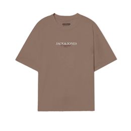 Jack & Jones T-Shirt JACK & JONES "JORBILLYBURG TEE SS CREW NECK FST", Damen, Gr. L, grau (mocha meringue), Jersey, Obermaterial: 100% Baumwolle, bedruckt, regular fit normal, Rundhals, Shirts T-Shirt