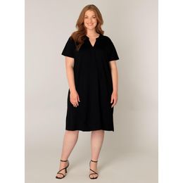 Sommerkleid Base Level Curvy, Damen, Gr. 44, N-Gr, schwarz, Web, Obermaterial: 65% Viskose, 30% Nylon, 5% Elasthan, unifarben, knielang, V-Ausschnitt, Kleider, mit Bindegürtel