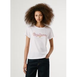 T-Shirt Pepe Jeans "BECKY", Damen, Gr. L, weiß, Single Jersey, Obermaterial: 100% Baumwolle, bedruckt, slim fit, Rundhals, abgesteppte Kante, Shirts, aus Baumwolljersey