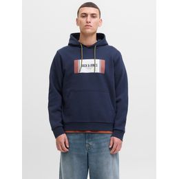 Jack & Jones Kapuzensweatshirt JACK & JONES "JJHAYATO SWEAT HOOD BTS", Herren, Gr. M, navy blazer, angeraute Sweatware, Obermaterial: 60% Baumwolle, 40% Polyester, bedruckt, regular fit normal, Rippb&uuml;ndchen, Sweatshirts