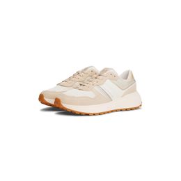 Plateausneaker Tommy Jeans "TJW CLEATED RUNNER", Damen, Gr. 39, beige (wei&szlig;, beige, rose), Leder, Veloursleder, Schuhe Plateausneaker, Freizeitschuh, Halbschuh, Schn&uuml;rer mit Kontrastbesatz