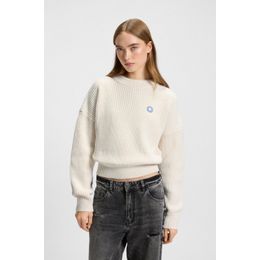Strickpullover HUGO BLUE "Slogery", Damen, Gr. XXL, wei&szlig; (open wei&szlig; 110), Strick, Obermaterial: 51% Polyacryl, 47% Baumwolle, 2% Polyester, unifarben, relaxed fit, Rundhals, Pullover Strickpullover, mit "Happy Hugo" Badge