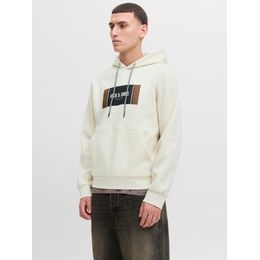 Jack & Jones Kapuzensweatshirt JACK & JONES "JJHAYATO SWEAT HOOD BTS", Herren, Gr. M, wei&szlig; (antique wei&szlig;), angeraute Sweatware, Obermaterial: 60% Baumwolle, 40% Polyester, bedruckt, regular fit normal, Rippb&uuml;ndchen, Sweatshirts