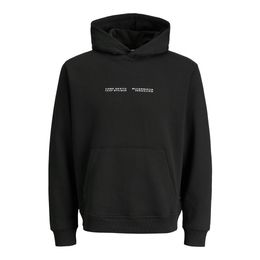 Jack & Jones Kapuzensweatshirt JACK & JONES "JCOSTANCE TEXT PRINT SWEAT HOOD", Herren, Gr. XS, schwarz (schwarz pattern:big backprint), angeraute Sweatware, Obermaterial: 70% Baumwolle, 30% Polyester, bedruckt, gemustert, relaxed fit normal, Rippb&uuml;ndchen, Sweatshirts
