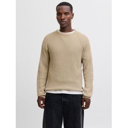 Jack & Jones Rundhalspullover JACK & JONES "JJPANNEL KNIT CREW NECK AW25", Herren, Gr. M, crockery, Strick, Obermaterial: 58% Polyacryl, 42% Baumwolle, unifarben, relaxed fit normal, Rundhals, Pullover Rundhalspullover