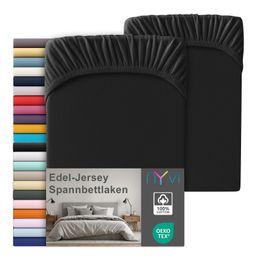 NYVI Edel Jersey Spannbettlaken Deluxe f&uuml;r Matratzen bis 25 cm Stegh&ouml;he - 100% Baumwolle supergek&auml;mmt, 140g/m&sup2;, Rundumgummizug Farbe:Schwarz;Gr&ouml;&szlig;e:90-100 x 220 cm (2er Set)
