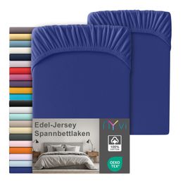 NYVI Edel Jersey Spannbettlaken Deluxe f&uuml;r Matratzen bis 25 cm Stegh&ouml;he - 100% Baumwolle supergek&auml;mmt, 140g/m&sup2;, Rundumgummizug Farbe:Royalblau;Gr&ouml;&szlig;e:90-100 x 200 cm (2er Set)
