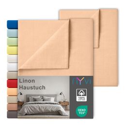 NYVI Linon Deluxe Bettlaken ohne Gummizug aus 100% atmungsaktiver Baumwolle - Betttuch auch als Sommerdecke nutzbar Farbe:Apricot;Gr&ouml;&szlig;e:150x250 cm (2er Set)