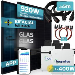 SUNNIVA&reg; 920W Balkonkraftwerk BIFAZIAL FULLBLACK komplett Steckdose HOYMILES 2x 400 Watt Wechselrichter, PV Solaranlage Komplettset, 2x 460W N-Type Glas-Glas Bifacial Solarmodule, 2x 5m Kabel