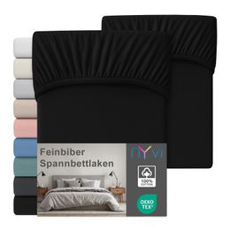 NYVI Feinbiber Spannbettlaken Deluxe f&uuml;r Matratzen bis 25 cm Stegh&ouml;he - Extra Warm & Weich, 100% Baumwolle, B&uuml;gelfrei, Vorgekrumpft Farbe:Schwarz;Gr&ouml;&szlig;e:180x200 cm (2er Set)