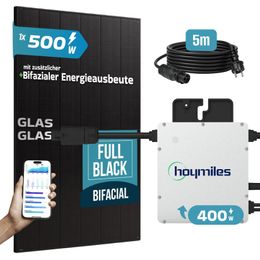 SUNNIVA&reg; 500W Balkonkraftwerk BIFAZIAL FULLBLACK komplett Steckdose HOYMILES 400 Watt Wechselrichter, PV Solaranlage Komplettset, 1x 500W N-Type Glas-Glas Bifacial Solarmodule, 5m Kabel