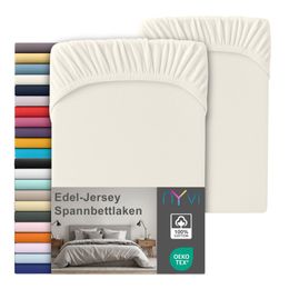 NYVI Edel Jersey Spannbettlaken Deluxe f&uuml;r Matratzen bis 25 cm Stegh&ouml;he - 100% Baumwolle supergek&auml;mmt, 140g/m&sup2;, Rundumgummizug Farbe:Creme;Gr&ouml;&szlig;e:90-100 x 200 cm (2er Set)