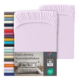 NYVI Edel Jersey Spannbettlaken Deluxe f&uuml;r Matratzen bis 25 cm Stegh&ouml;he - 100% Baumwolle supergek&auml;mmt, 140g/m&sup2;, Rundumgummizug Farbe:Flieder;Gr&ouml;&szlig;e:90-100 x 200 cm (2er Set)