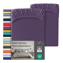 NYVI Edel Jersey Spannbettlaken Deluxe f&uuml;r Matratzen bis 25 cm Stegh&ouml;he - 100% Baumwolle supergek&auml;mmt, 140g/m&sup2;, Rundumgummizug Farbe:Violett;Gr&ouml;&szlig;e:90-100 x 200 cm (2er Set)