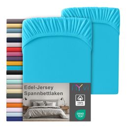 NYVI Edel Jersey Spannbettlaken Deluxe f&uuml;r Matratzen bis 25 cm Stegh&ouml;he - 100% Baumwolle supergek&auml;mmt, 140g/m&sup2;, Rundumgummizug Farbe:T&uuml;rkis;Gr&ouml;&szlig;e:90-100 x 200 cm (2er Set)