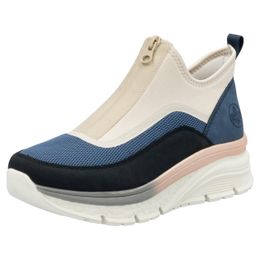 Schlupfboots Rieker, Damen, Gr. 39, blau (blau, creme), Nubuklederimitat, Textil, Schuhe, Keilabsatz, Freizeitschuh, High Top-Sneaker, Reißverschluss