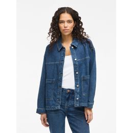 Jeansblazer Vila "VIJAF L/S DENIM JACKET - NOOS", Damen, Gr. 38, blau (medium blau denim detail:244), Denim/Jeans, Obermaterial: 99% Baumwolle, 1% Elasthan, unifarben, regular fit hüftlang, Blazer